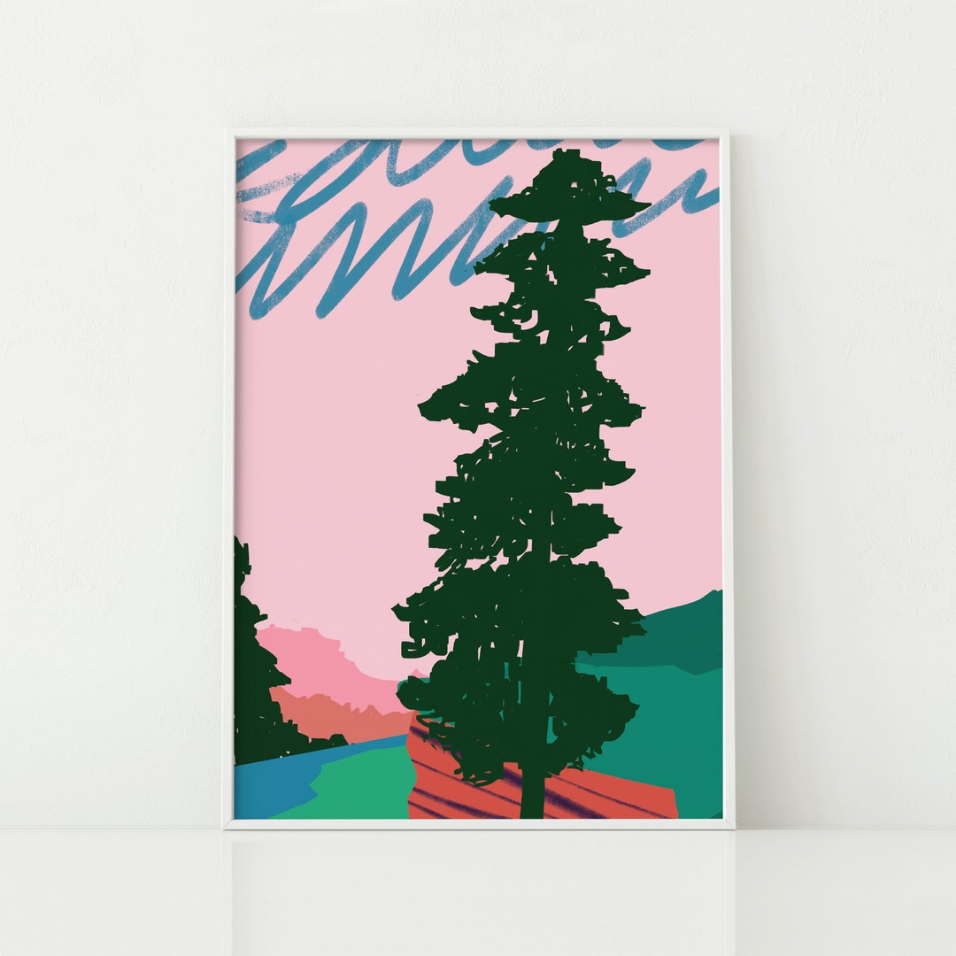 Tree With a Pink Sky Print, Evergreen Tree Wall Art, Pine Tree Forest ...