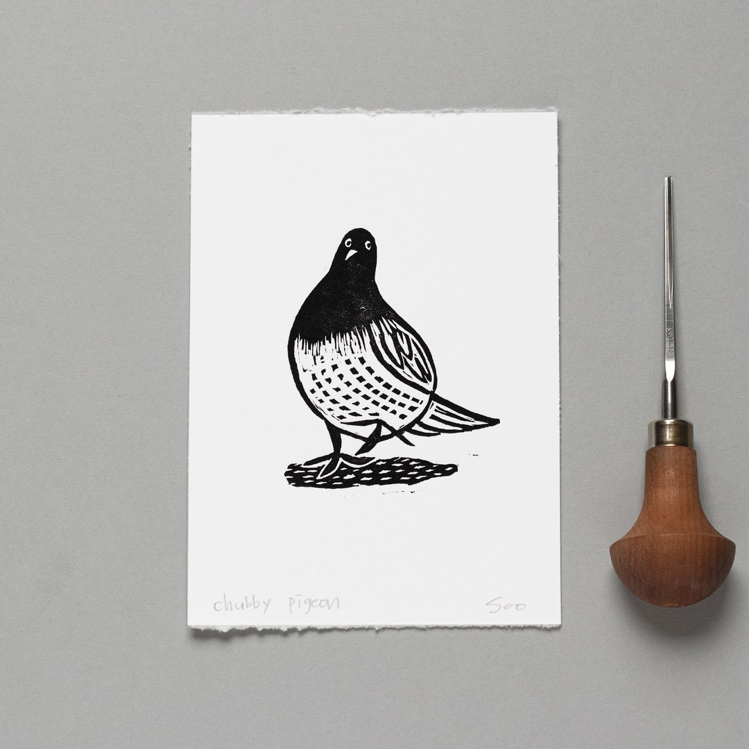 Chubby Pigeon Linocut Print, Pigeon Lino Print, Dove Handprinted, Bird ...