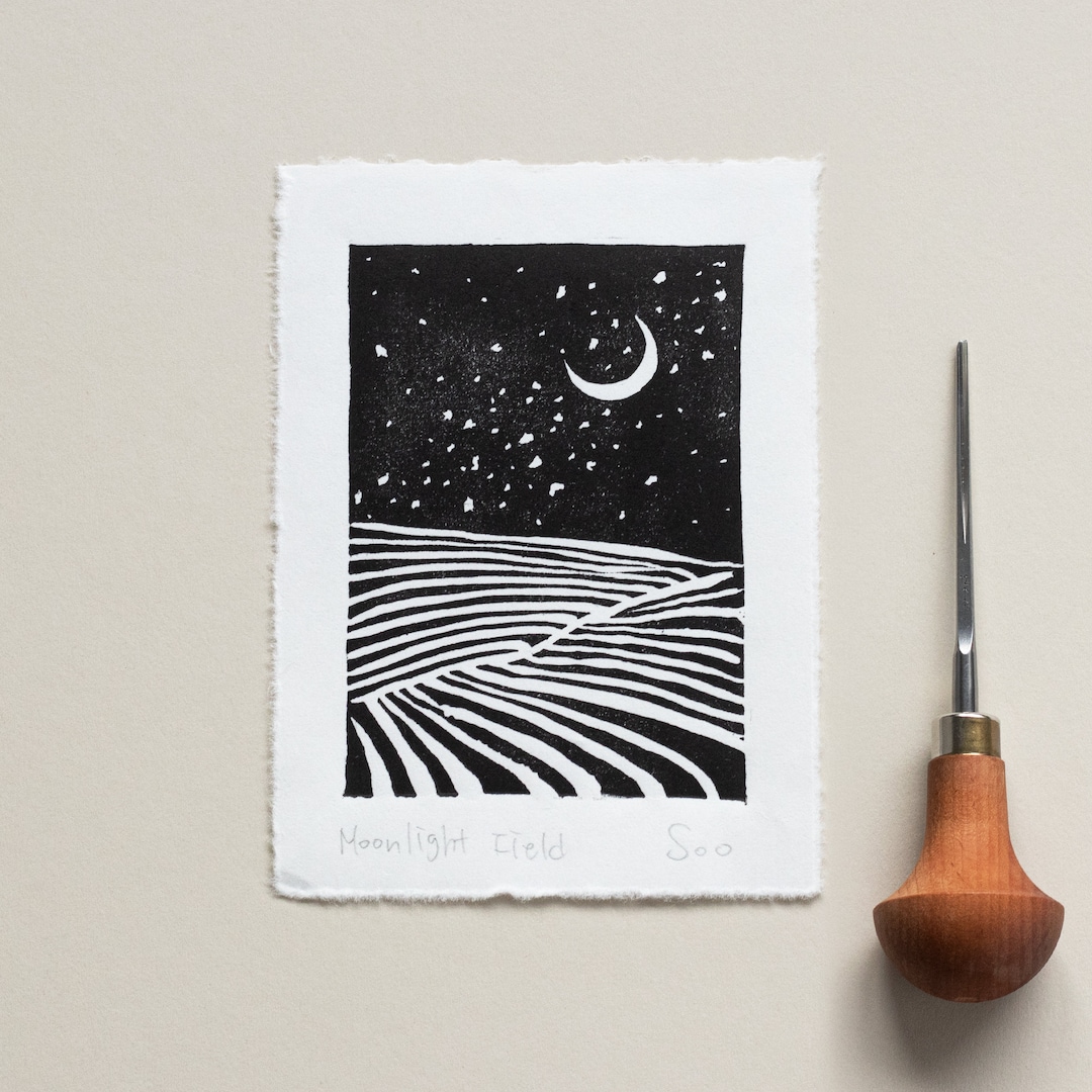 Moonlight Field Linocut Print, Night Field With Moon and Stars Print ...