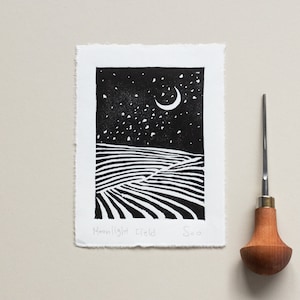 Moonlight Field Linocut Print, Night Field With Moon and Stars Print ...