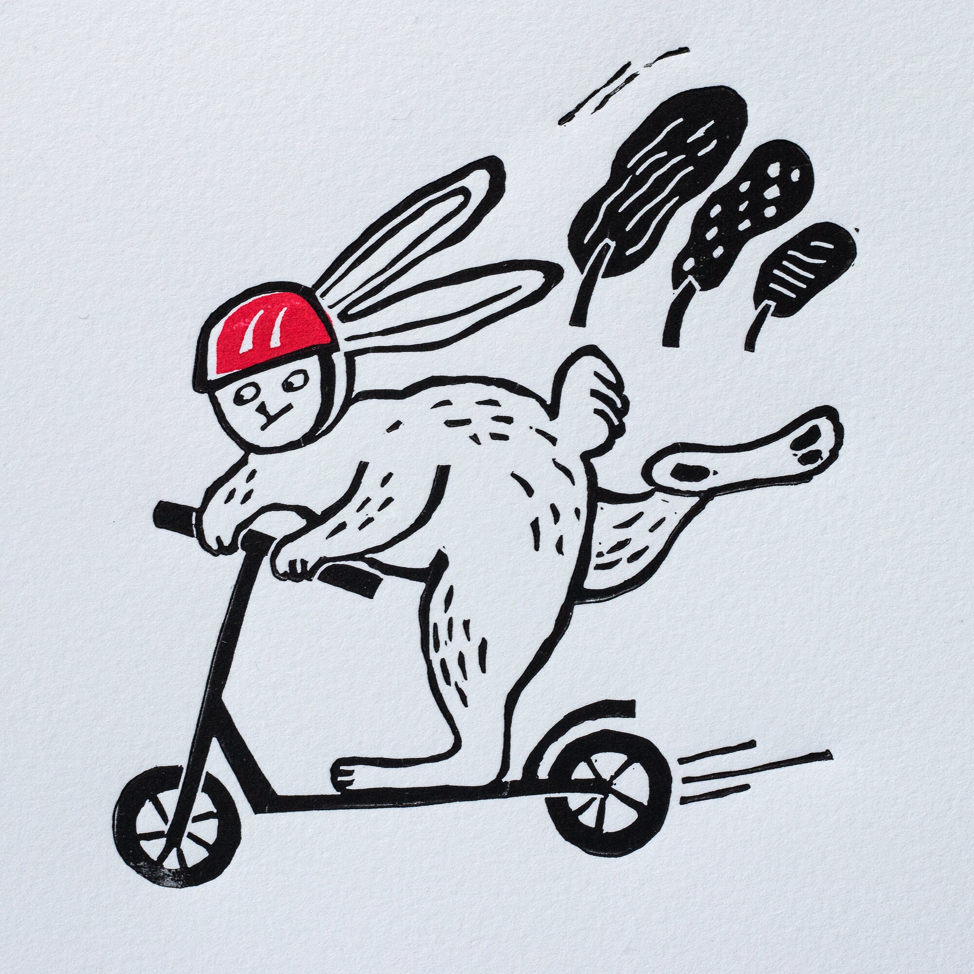 Rabbit on Scooter Linocut Print, Scooter Rabbit Linoprint, Bunny on ...