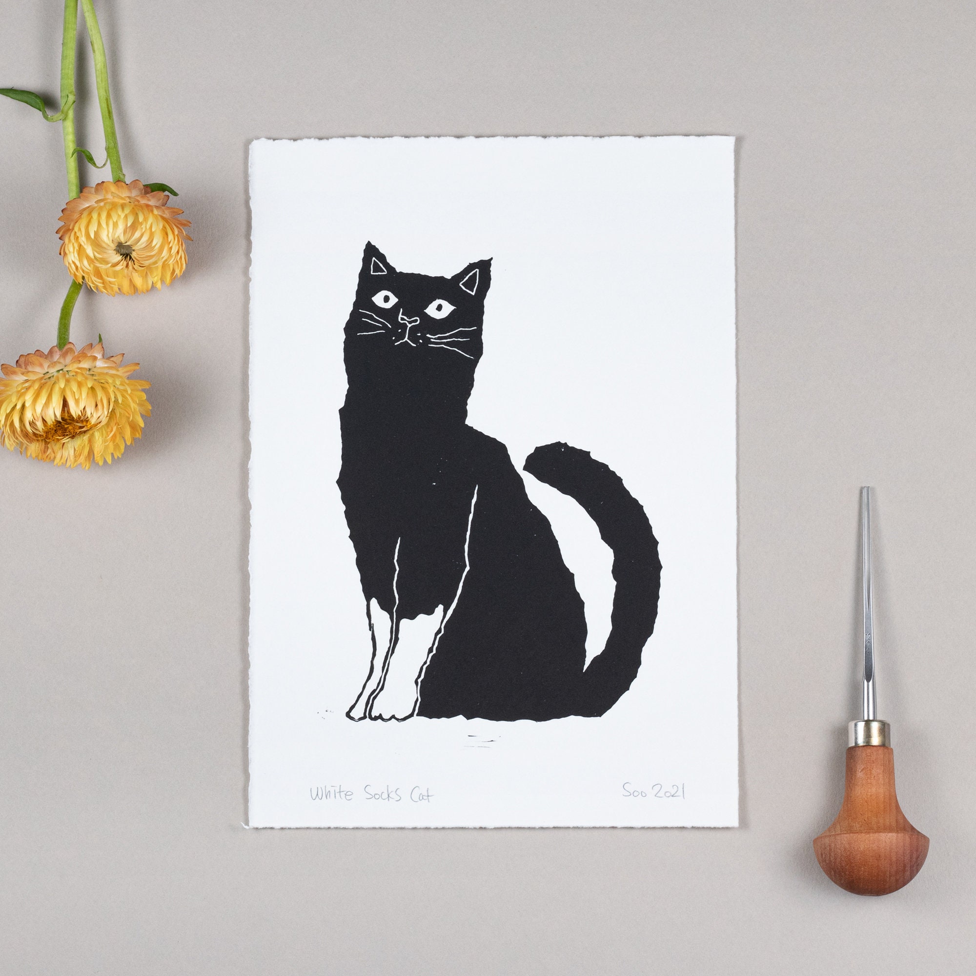 Prints Art & Collectibles bold Printable lino print midcentury cat ...