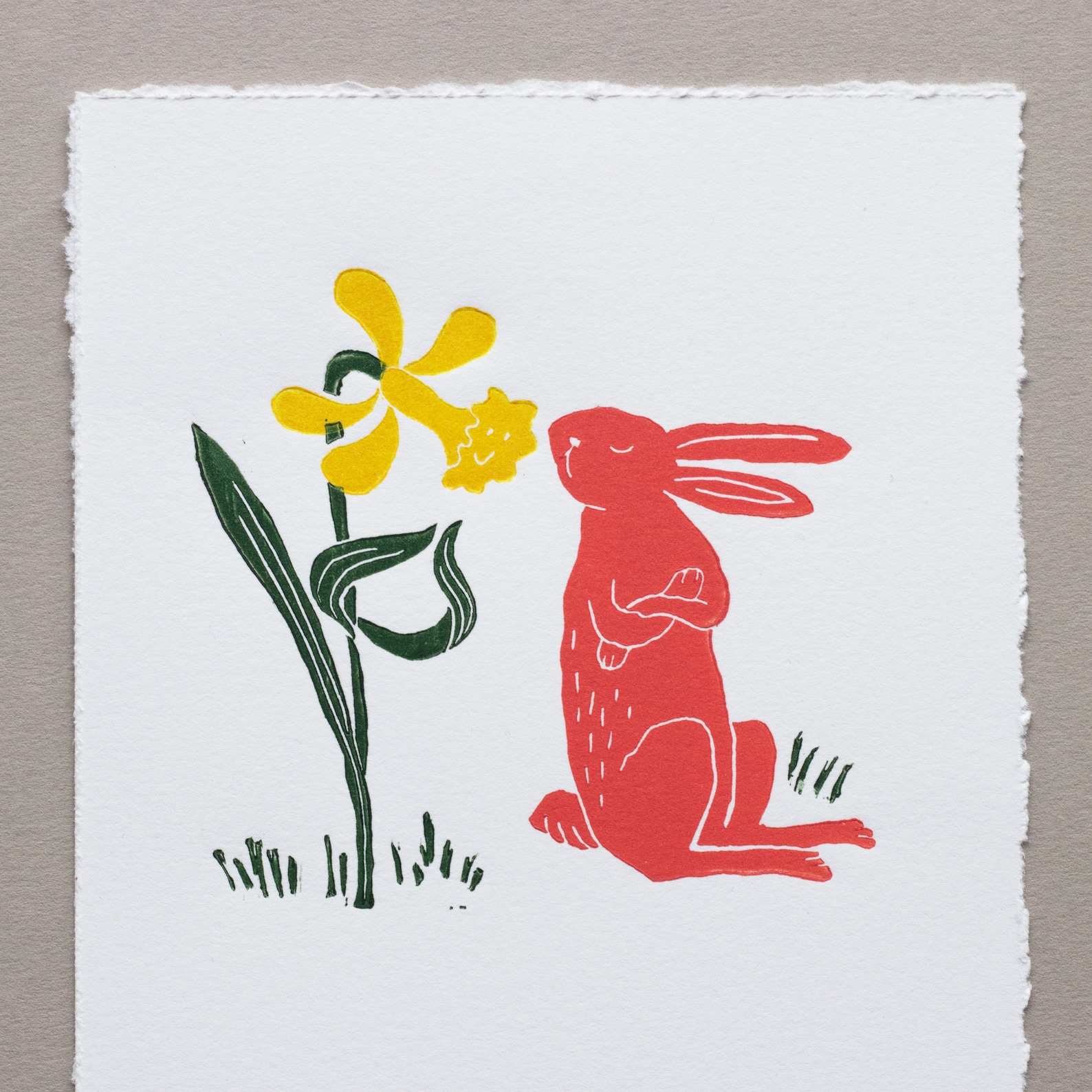 Rabbit and Daffodil Linocut Print Easter Bunny & Daffodil | Etsy