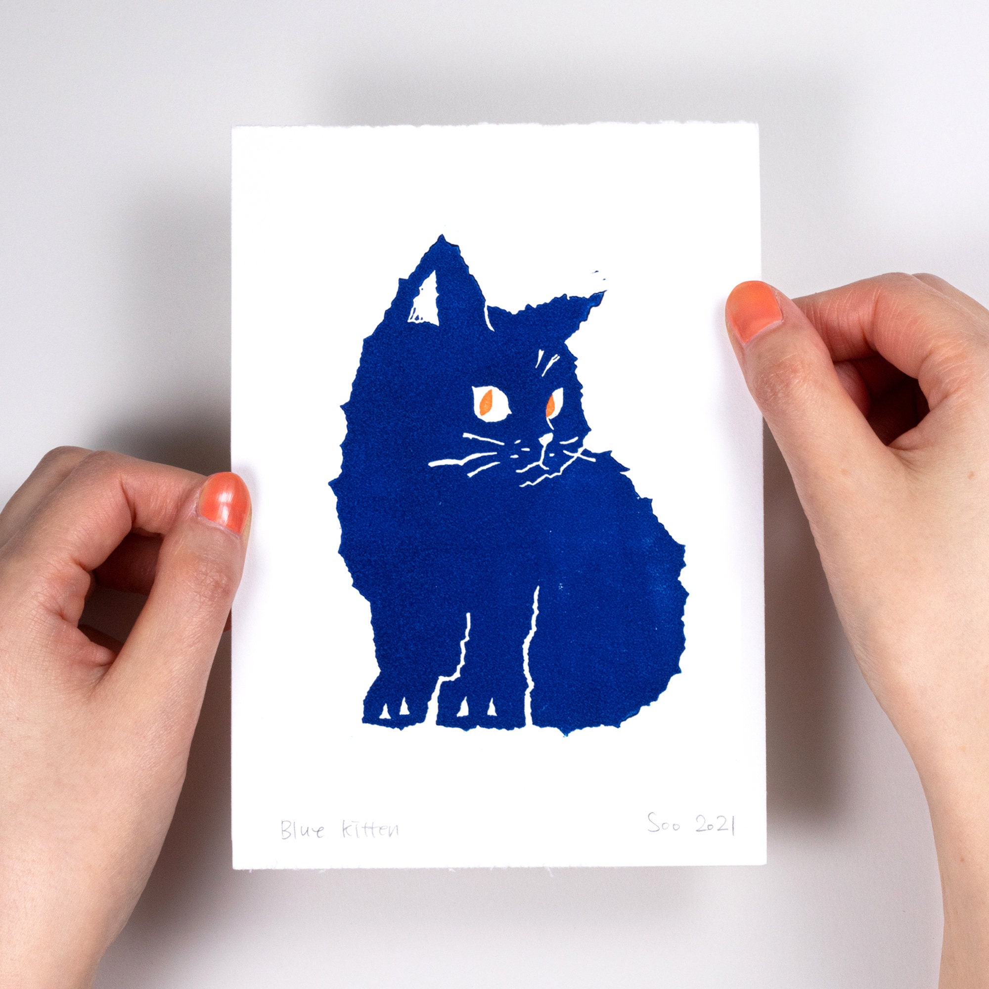 Blue Kitten Linocut Print Cute Kitty Printmaking Little - Etsy UK