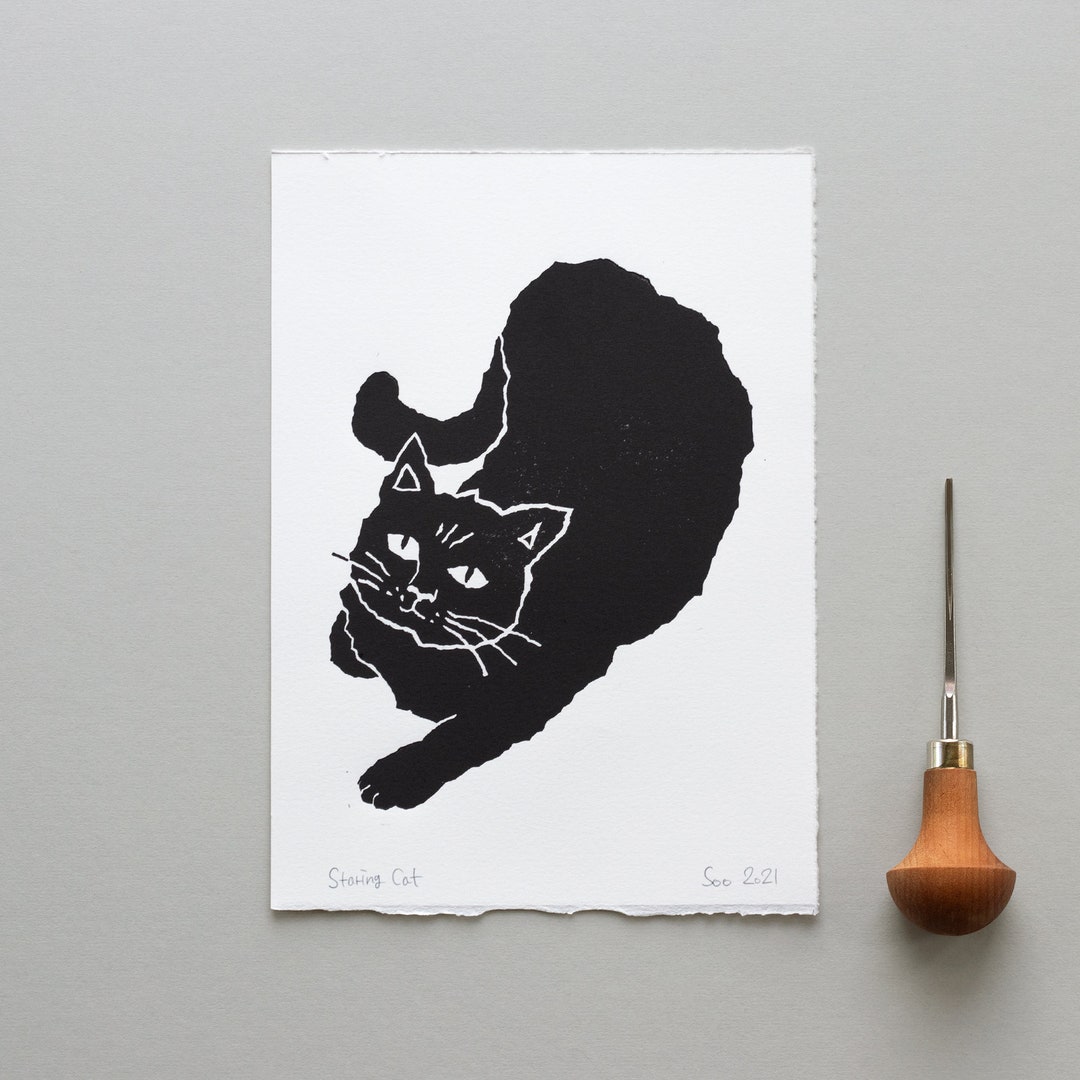 Staring Cat Linocut Print, Black Cat Lino Block Print, Original ...