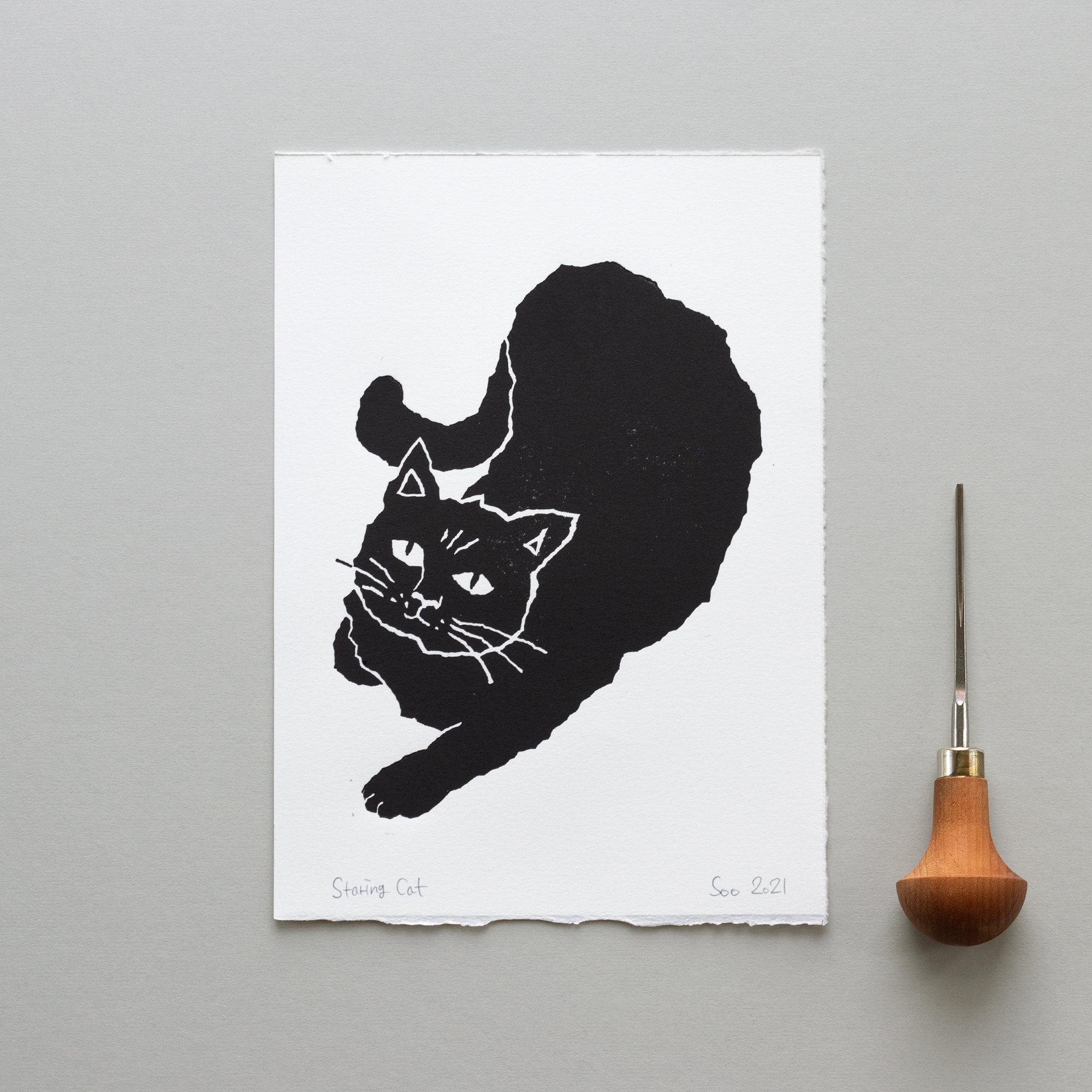 Staring Cat Linocut Print Black Cat Lino Block Print - Etsy UK