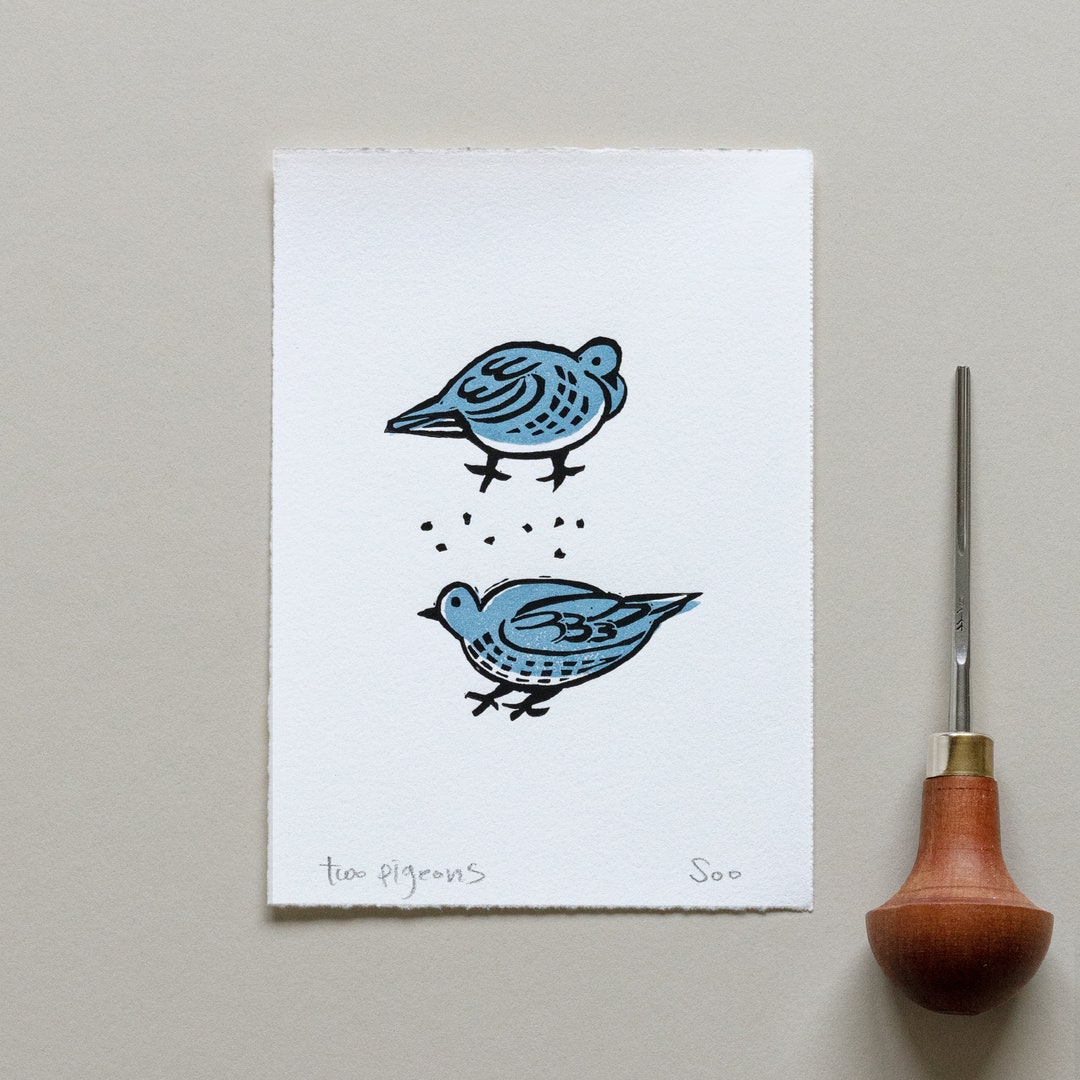 Two Pigeons Linocut Print, Pigeon Lino Print, Dove Handprinted, Bird ...