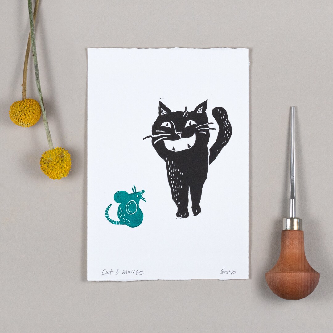 Cat and Mouse Linocut Print, Naughty Cat and Tiny Mouse, Funny Cat and ...