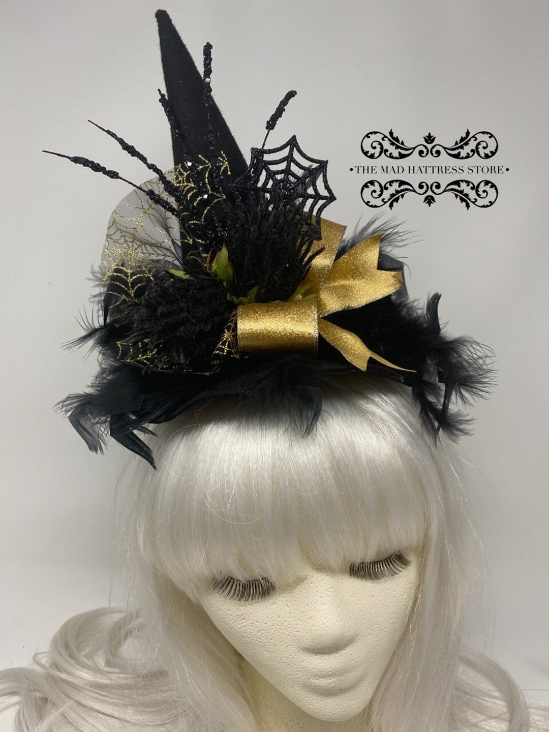 Fancy Witch Hat/fascinator/headband/headpiece/halloween/black/gold ...