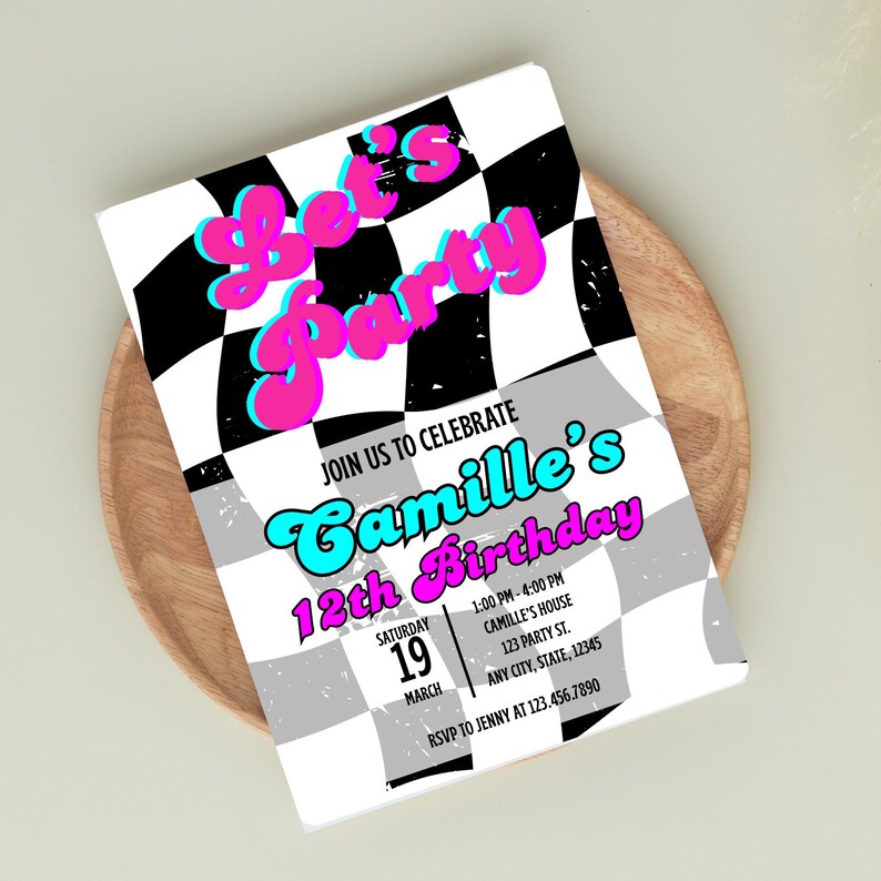 Retro Neon Checkered Birthday Invitation (digital Download) – 5x7 Party ...