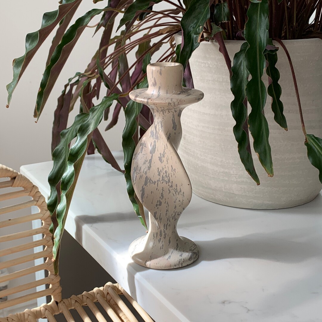 Soapstone Candlestick in Beige & Purple, Speckled Design Hand Carved ...