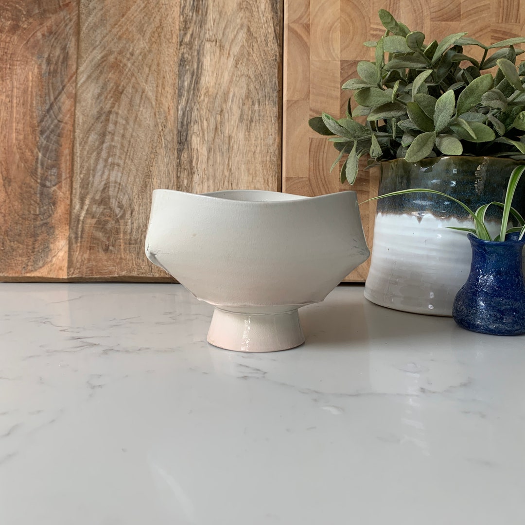 Japanese Folded Clay Pot, Cream & Pink Handmade Ceramic Bowl, Hand ...