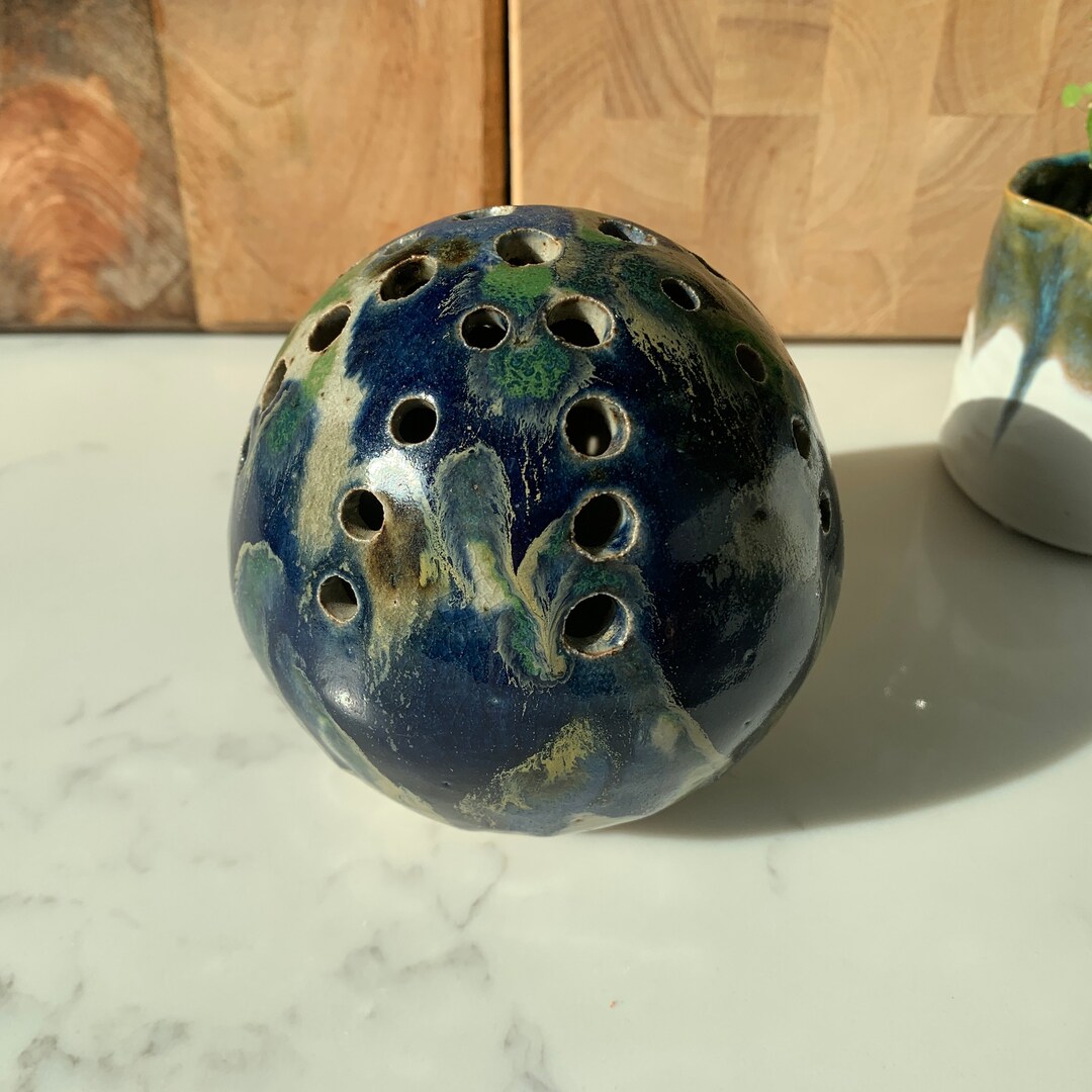 Vintage Pottery Floral Frog, Globe Shaped Spherical Hand-painted Flower ...
