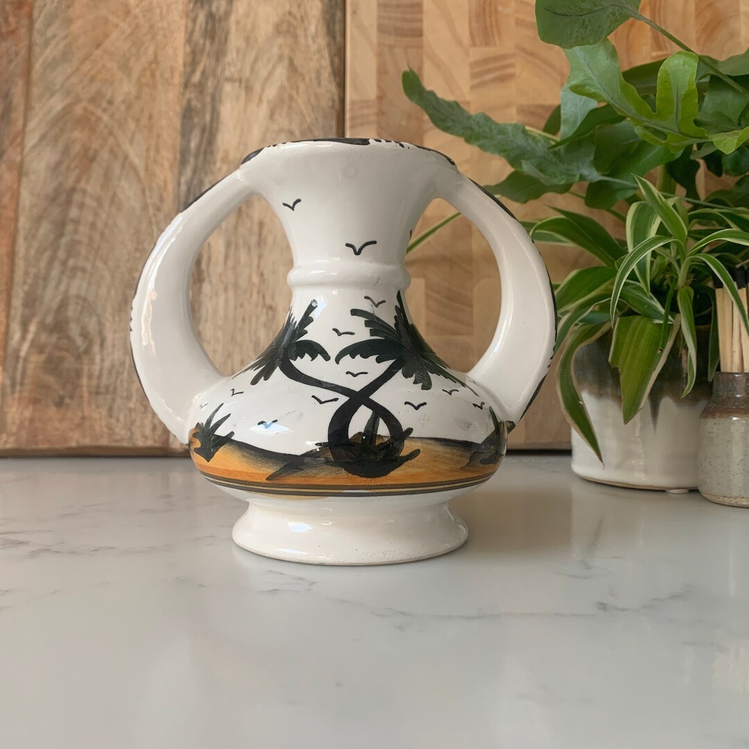 Double Handled Hand Painted Ceramic French Pottery Vase in White With ...