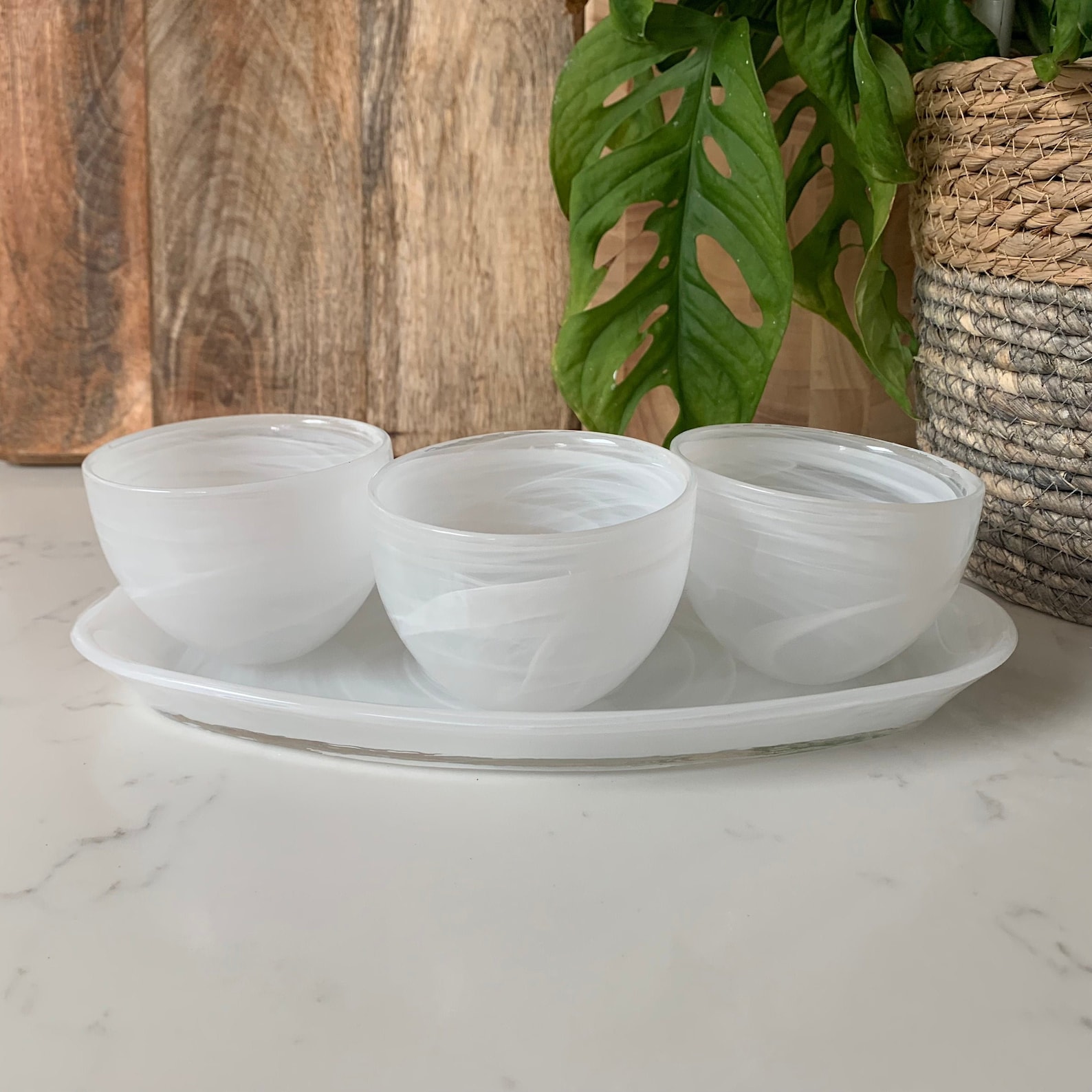 White & Clear Swirl Glass Small Bowls and Plate - Etsy