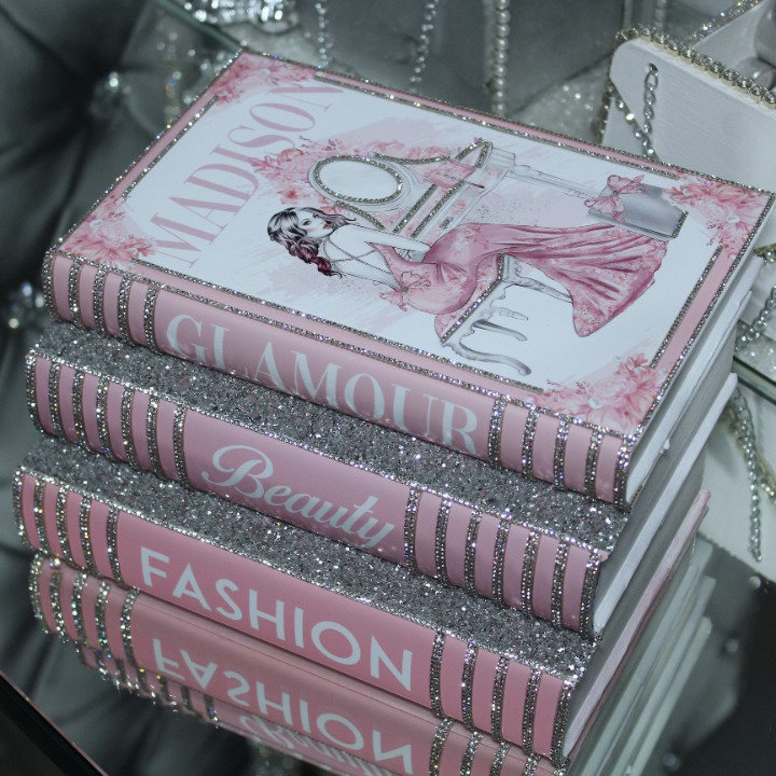 Floral Girly Glam Bling Books Pink Silver Glitter Stack of 3 Custom ...