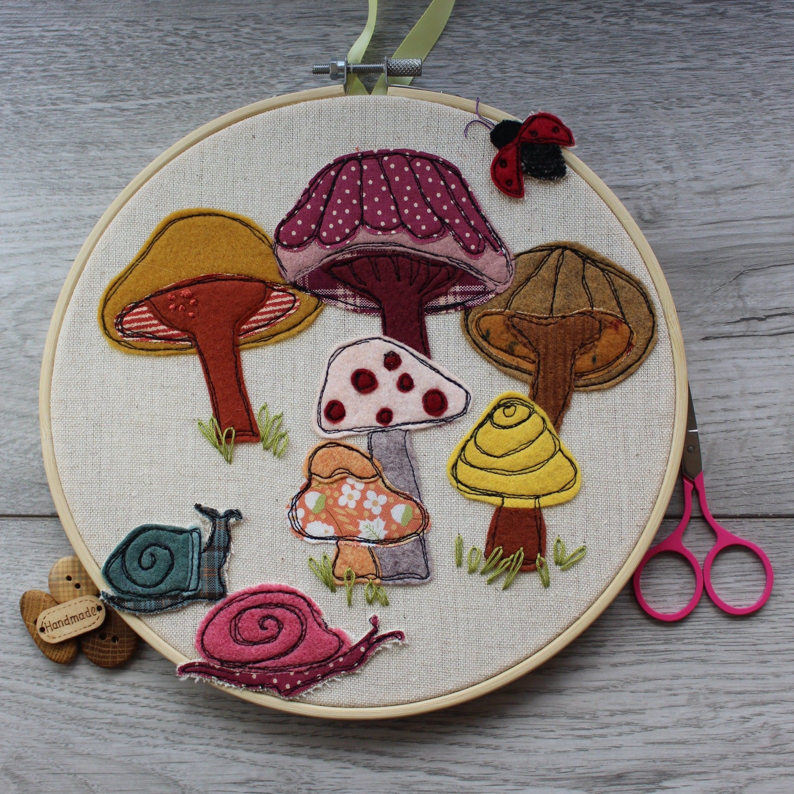 A Cute Collection of Fungi - Mushrooms / Snails / Ladybird Textile Art ...