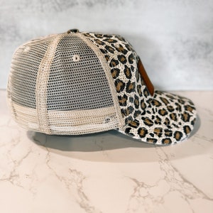 Personalized Leopard Print Trucker Hat: Distressed Ponytail Baseball ...