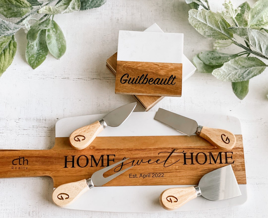 Personalized House Warming Gift Set, Custom Marble Wood Charcuterie ...