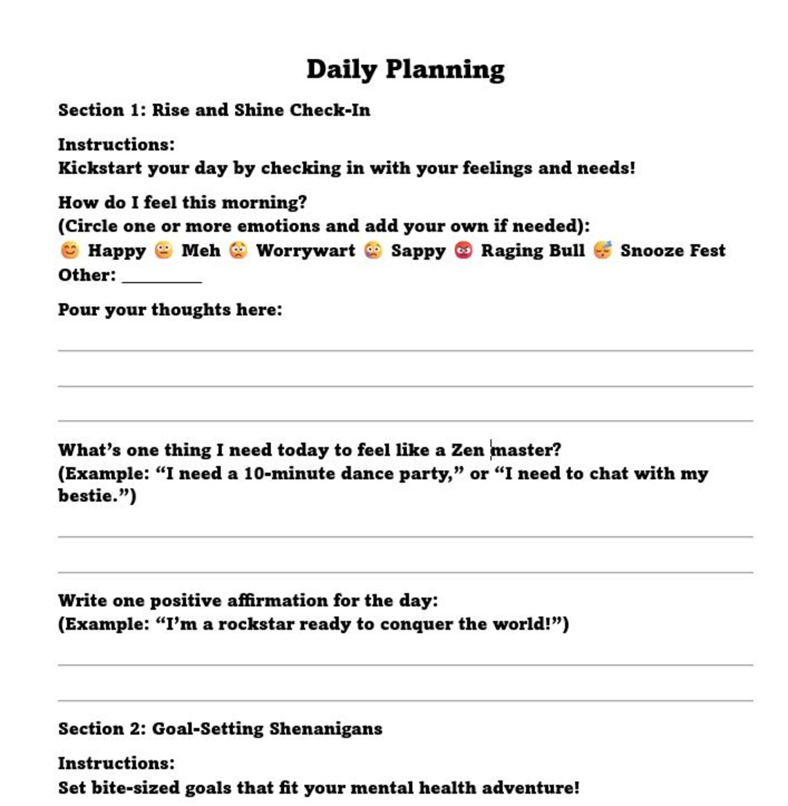 Daily Planning Worksheet for Therapy Clients - Etsy