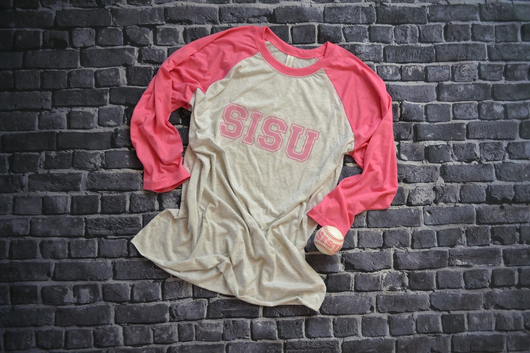 SISU Adult Heathered Pink and Gray Baseball Raglan in Block Lettering ...
