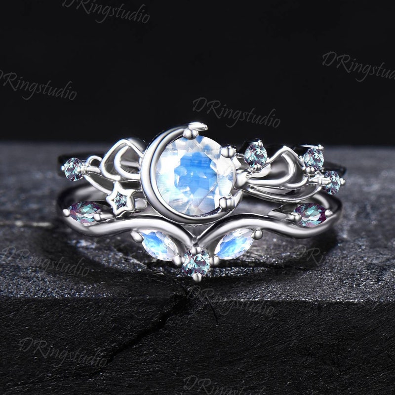 Moonstone Wedding Ring Set - Etsy