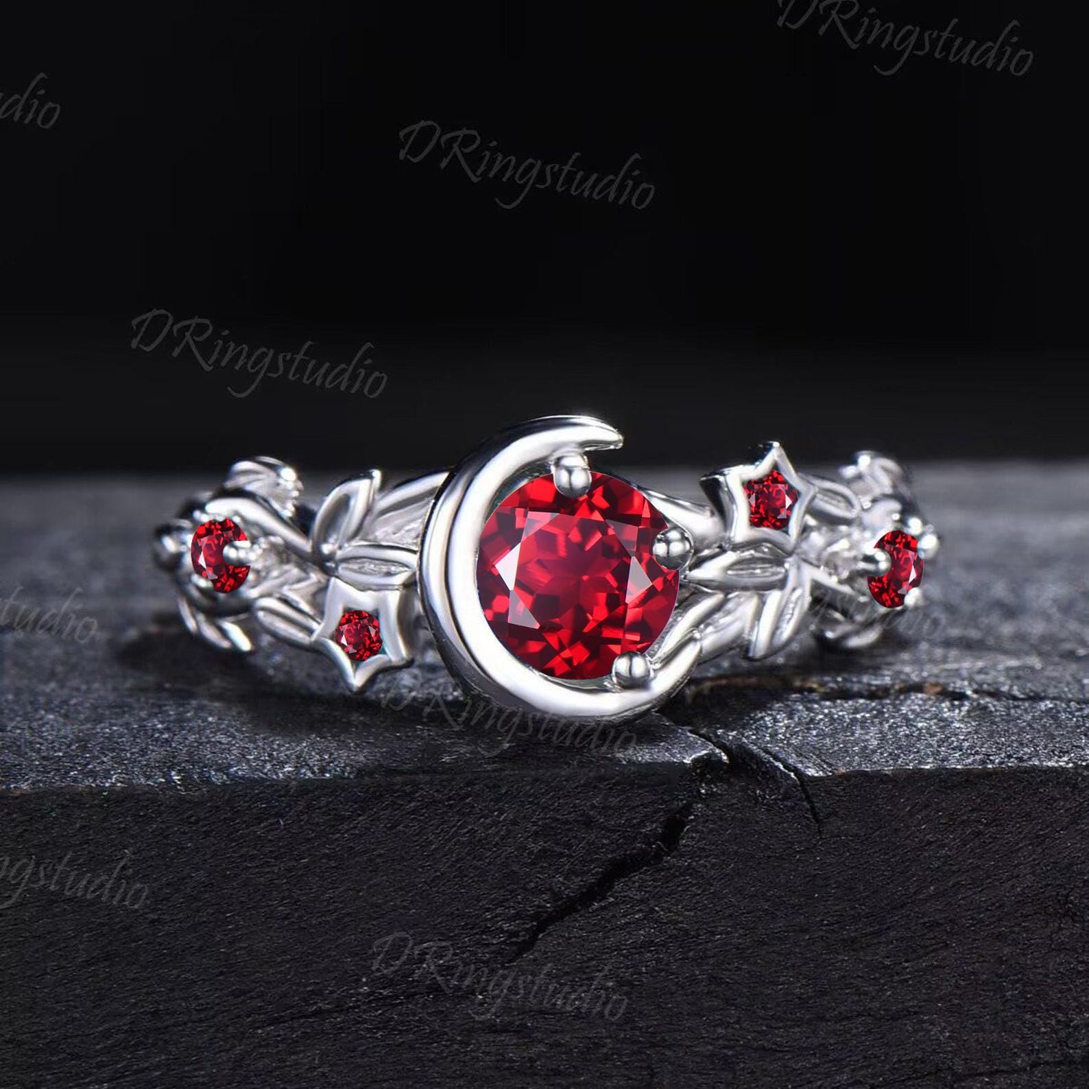 Black Gold Ruby Engagement Ring Gothic Black Moon Leaf Design Ring Leaf ...