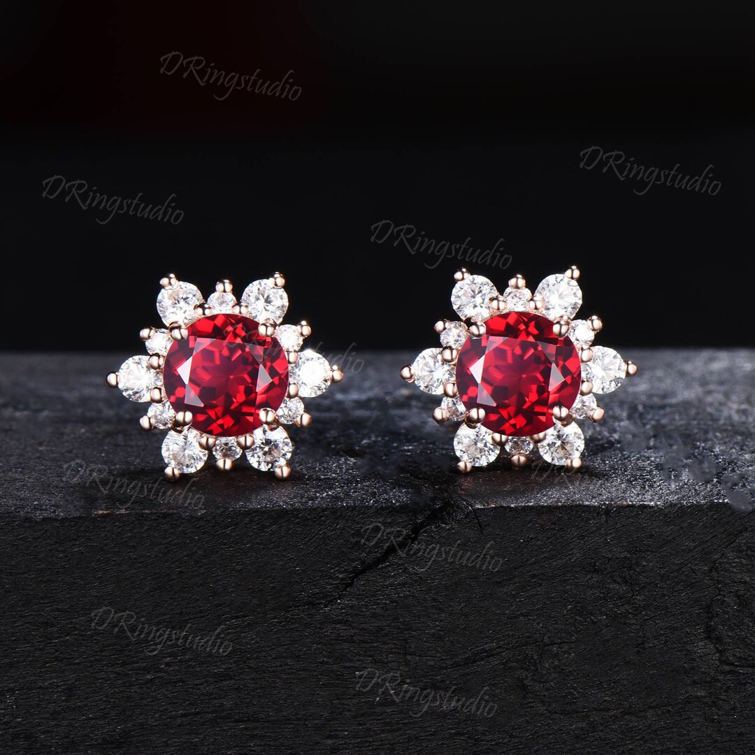 6.5mm Round Ruby Stud Earrings Art Deco Cluster Ruby Earrings Red ...