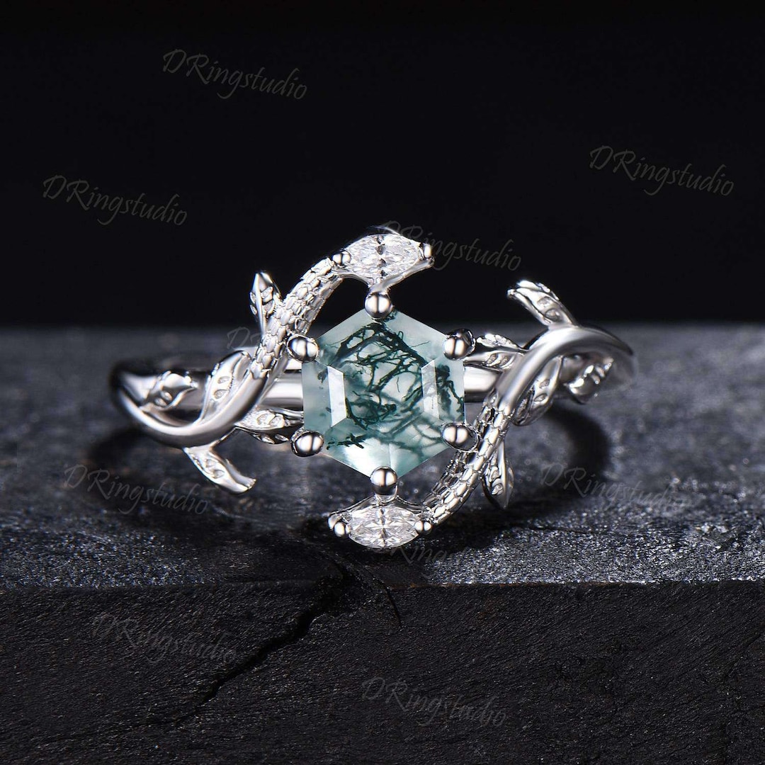 Double Snake Ring Hexagon Moss Agate Engagement Ring 14k White Gold ...