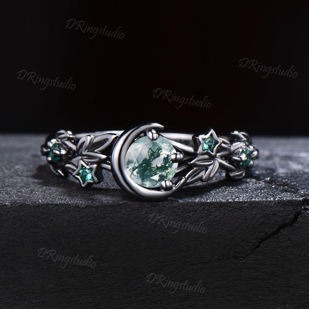 Moon Star Design 5mm Round Natural Moss Agate Engagement Ring 14k/18k ...