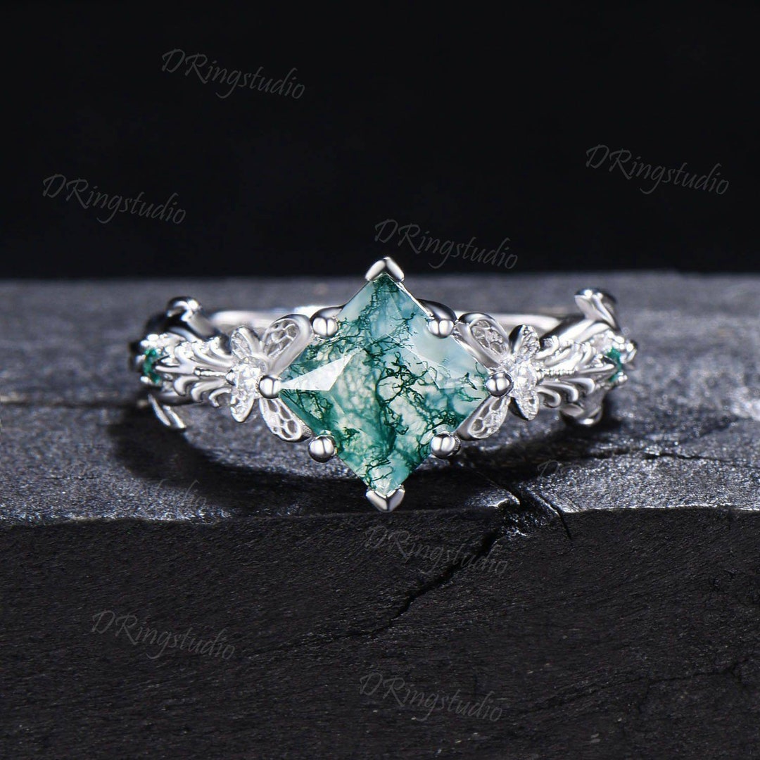 White Gold Butterfly Ring Unique Princess Cut Natural Moss Agate ...