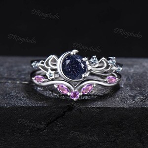 Celestial Galaxy Blue Sandstone Engagement Ring Moon Star Round Blue ...