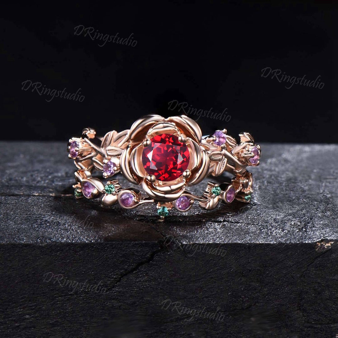 Rose Flower Round Ruby Ring Set Nature Inspired Twig Leaf Amethyst Emerald Ring Floral Ruby ...