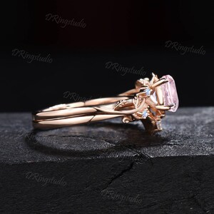 Round Natural Pink Rose Quartz Engagement Ring Set Pink Crystal Ring ...