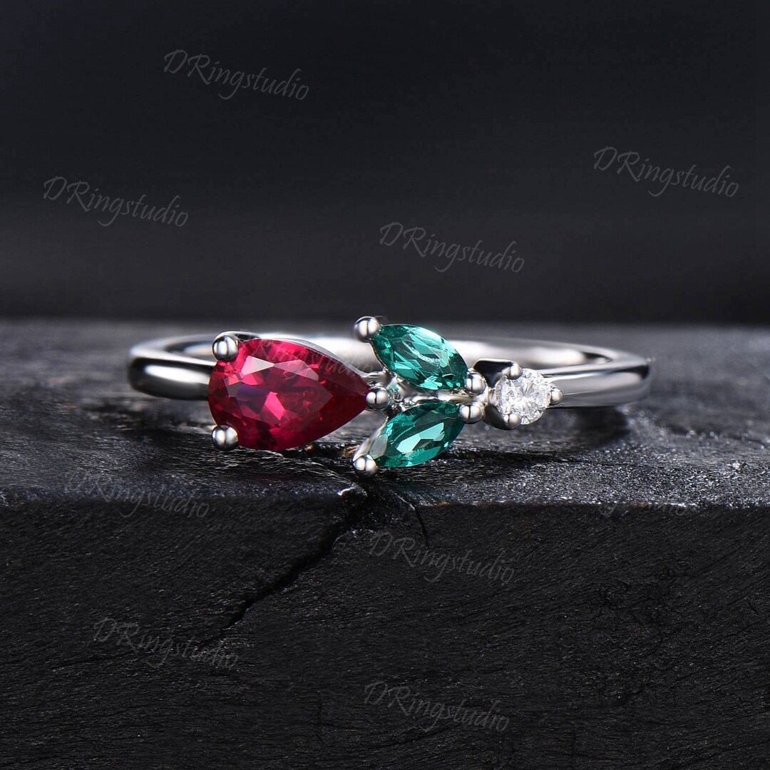 Rose Flower Ruby Engagement Ring Vintage Teardrop Red Ruby Ring Unique ...