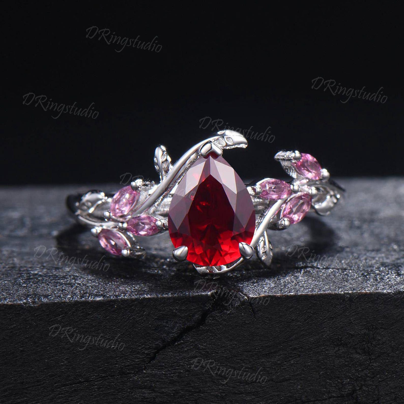 Teardrop Ruby Engagement Ring Nature Inspired Leaf Branch Promise Ring ...