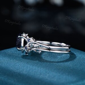 Nature Inspired Blue Sandstone Engagement Rings Set Twig Leaf Wedding Band Cluster Blue Sapphire ...