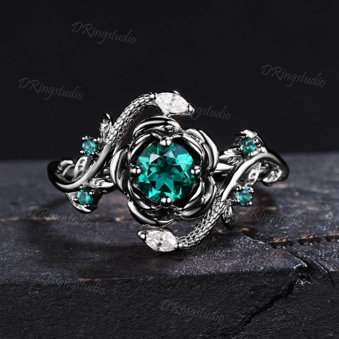 Gothic Black Gold Snake Engagement Ring Nature Inspired Green Emerald Wedding Ring Black Floral ...