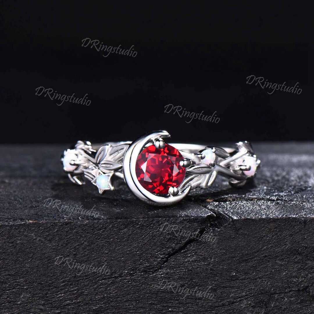 Moon Star Design Round Ruby Engagement Ring Nature Inspired Branch Leaf Ruby Wedding Ring White ...