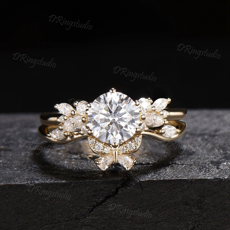 Butterfly Engagement Ring Set Round Moissanite Bridal Set Solid Gold ...