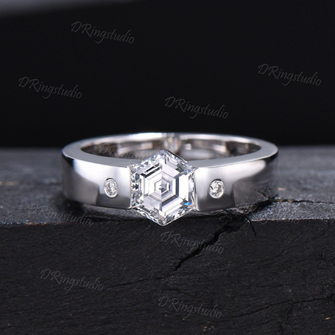 4mm Sterling Silver Mens Wedding Band Hexagon Cut Moissanite Wedding ...