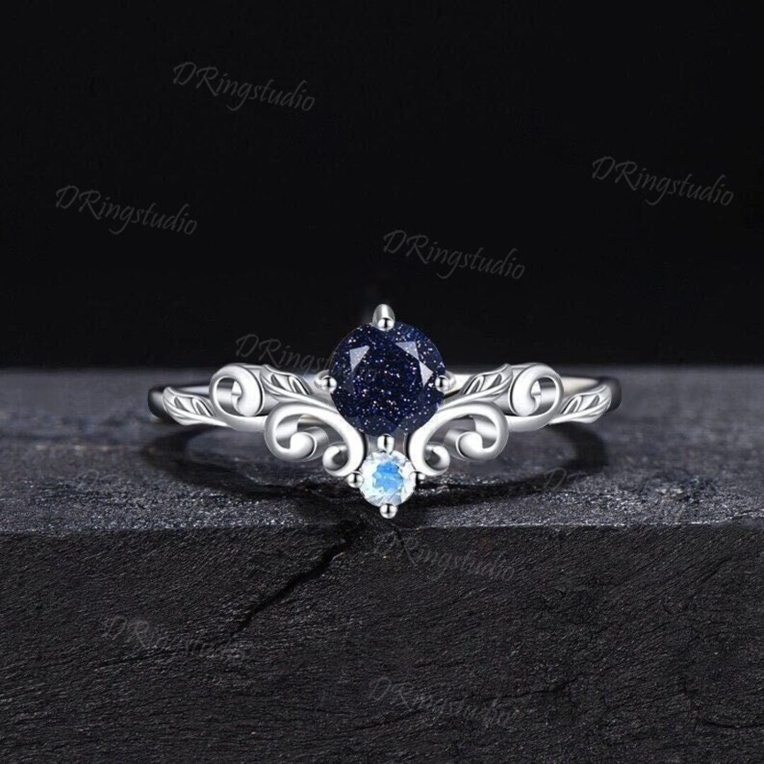 Round Blue Sandstone Engagement Ring Nature Inspired Branch Leaf Blue ...