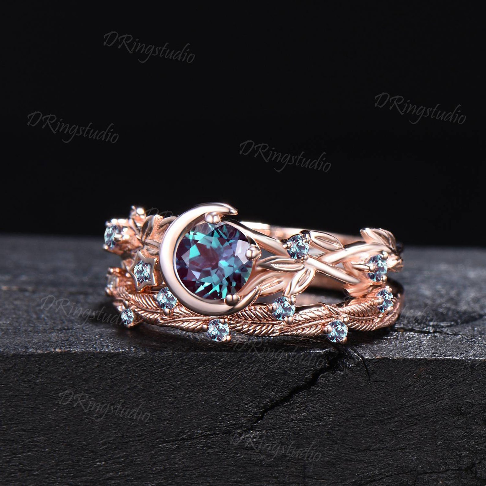 Nature Inspired Color-change Alexandrite Engagement Ring Moon Star ...