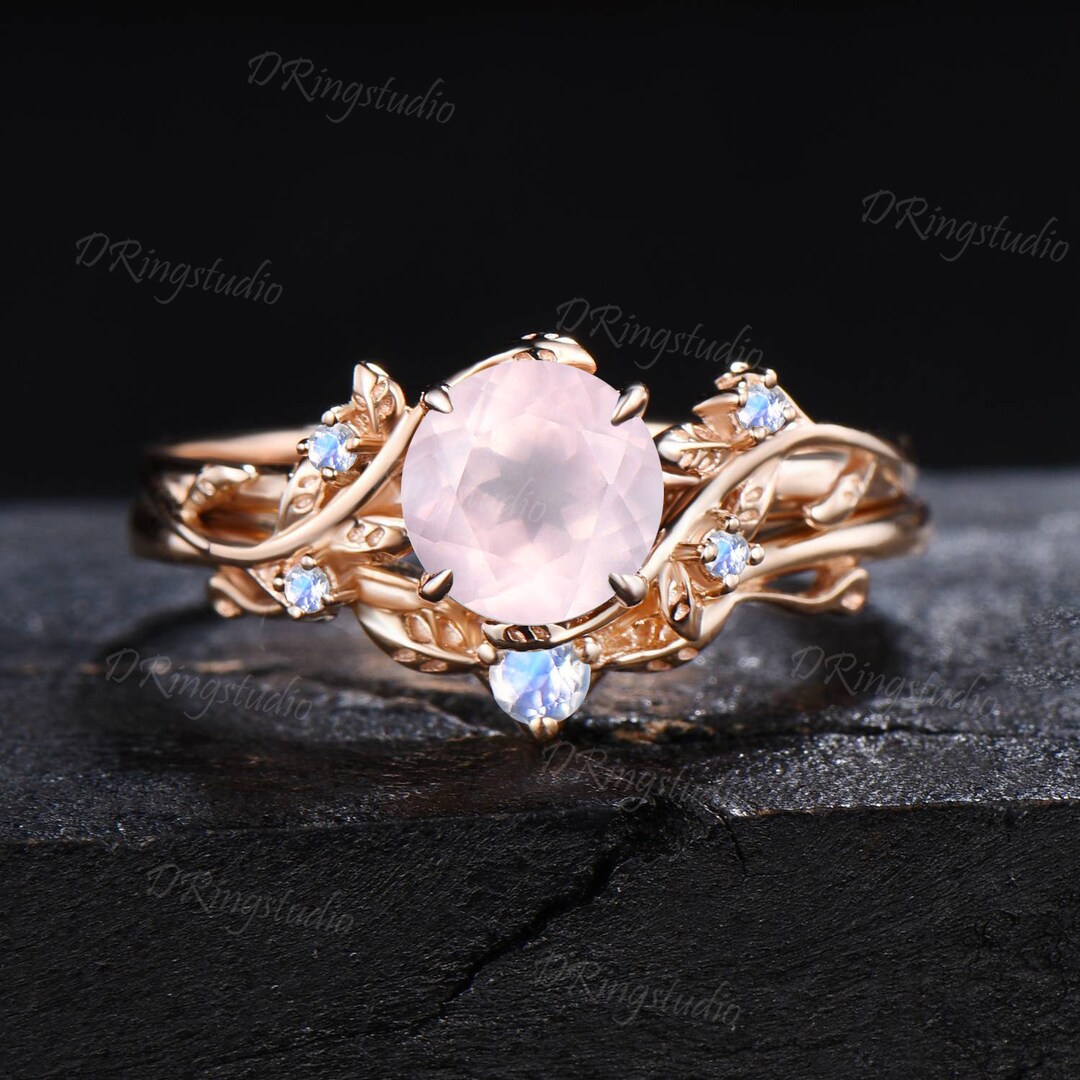 Round Natural Pink Rose Quartz Engagement Ring Set Pink Crystal Ring ...