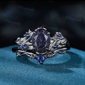 Black Gold Oval Cut Blue Sandstone Engagement Ring Nature Inspired Blue ...