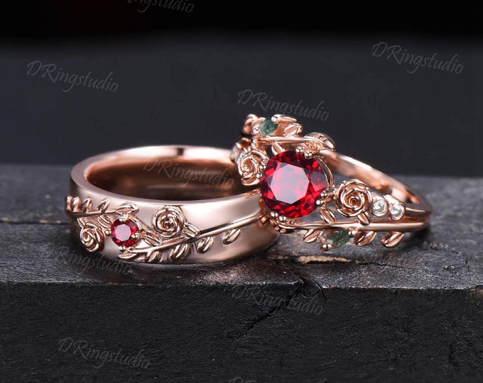 2pcs Round Red Ruby Promise Couple Rings Set 14k Rose Gold Leaf Branch ...