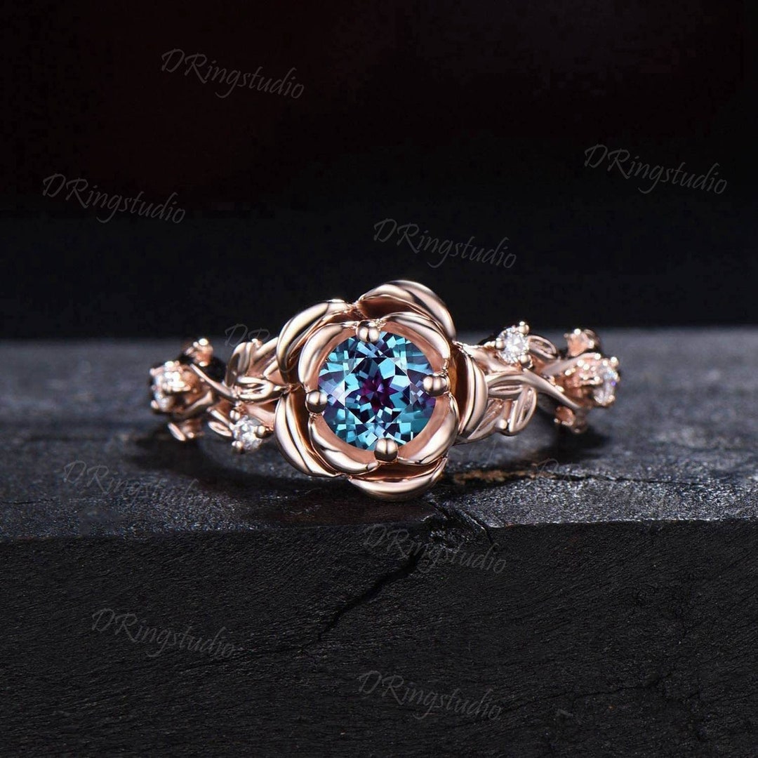 Rose Flower Alexandrite Ring 5mm Round Color-change Alexandrite ...