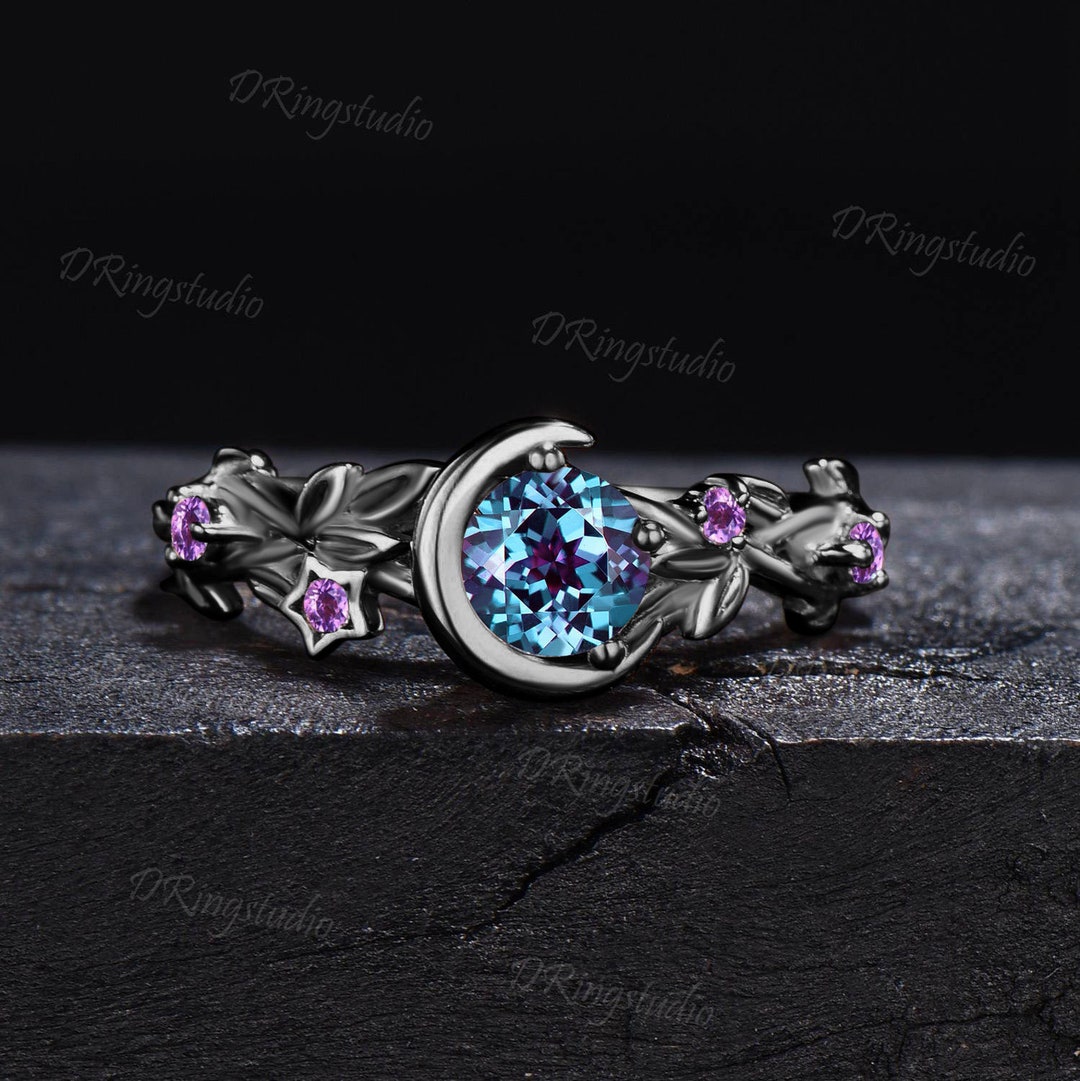 Color-change Alexandrite Amethyst Black Gold Engagement Ring Moon Star ...