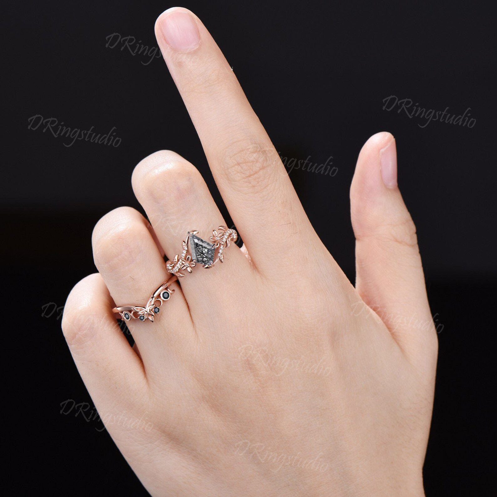 Natural Black Rutilated Quartz Ring Set Floral Kite Engagement Ring ...