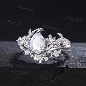 Flower Pear Shaped Moissanite Engagement Ring Set Cluster Moissanite ...